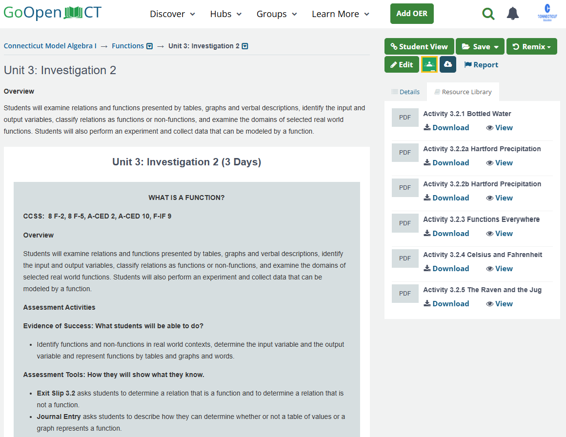 Connecticut Model Algebra I, Functions, Unit 3: Investigation 2 | GoOpen CT