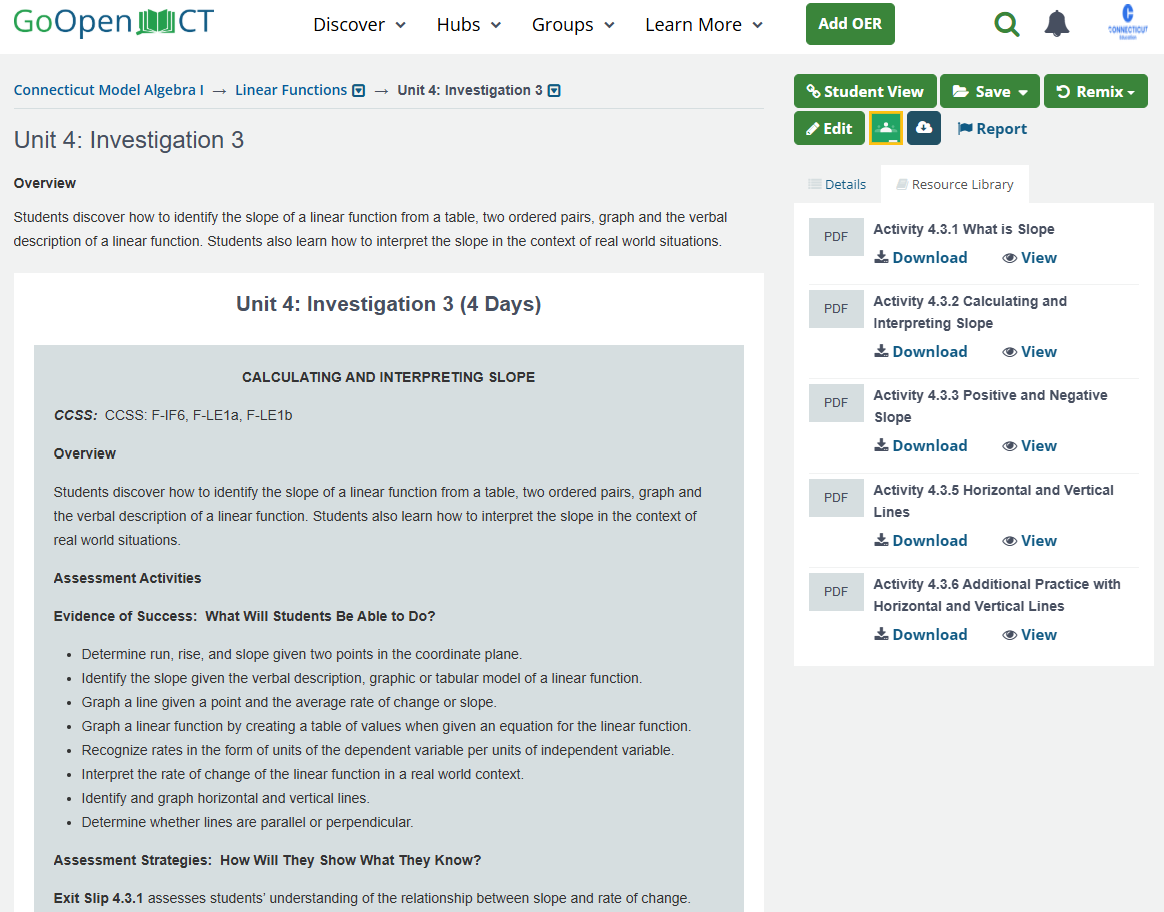 Connecticut Model Algebra I, Linear Functions, Unit 4: Investigation 3 | GoOpen CT