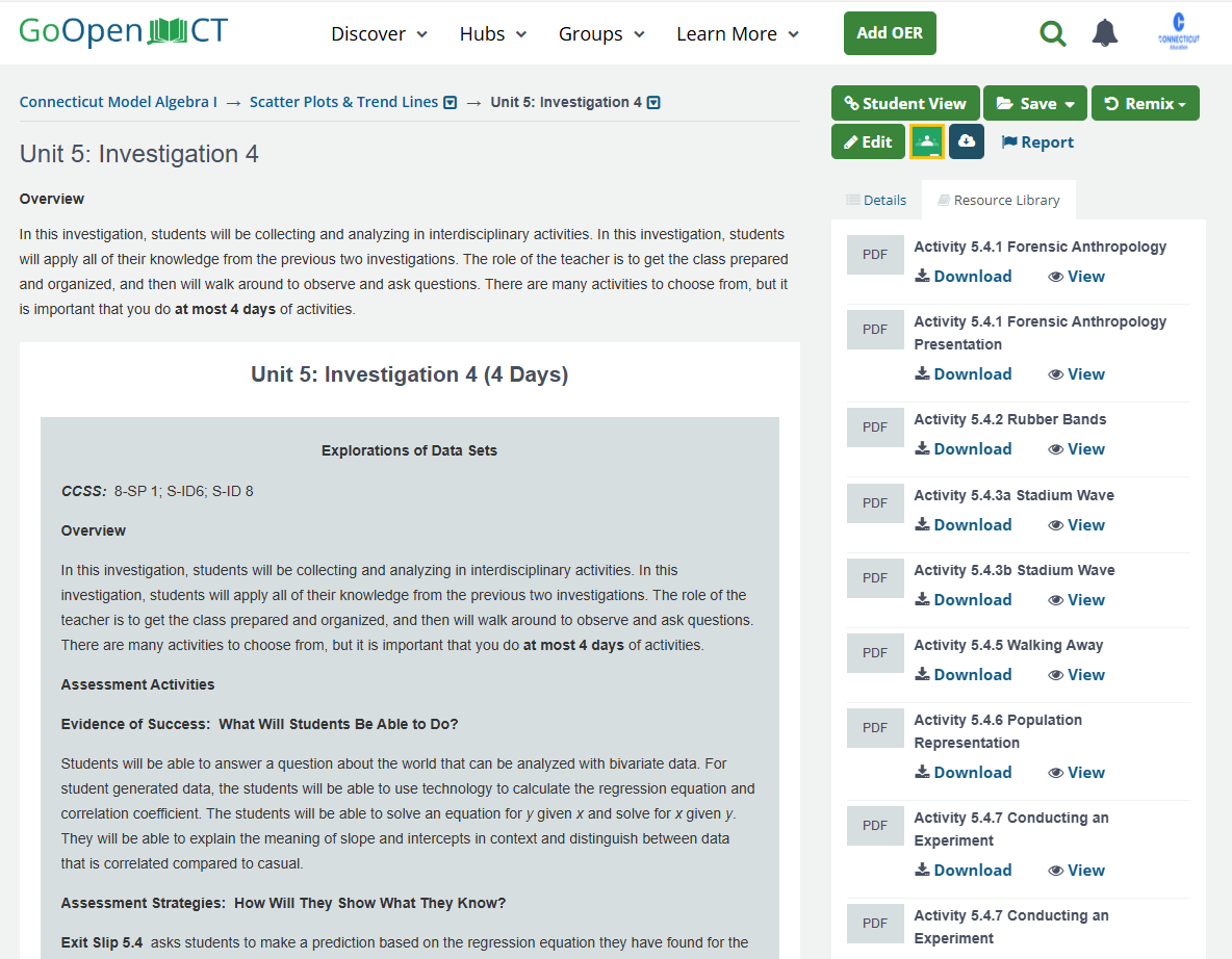 Connecticut Model Algebra I, Scatter Plots & Trend Lines, Unit 5: Investigation 4 | GoOpen CT