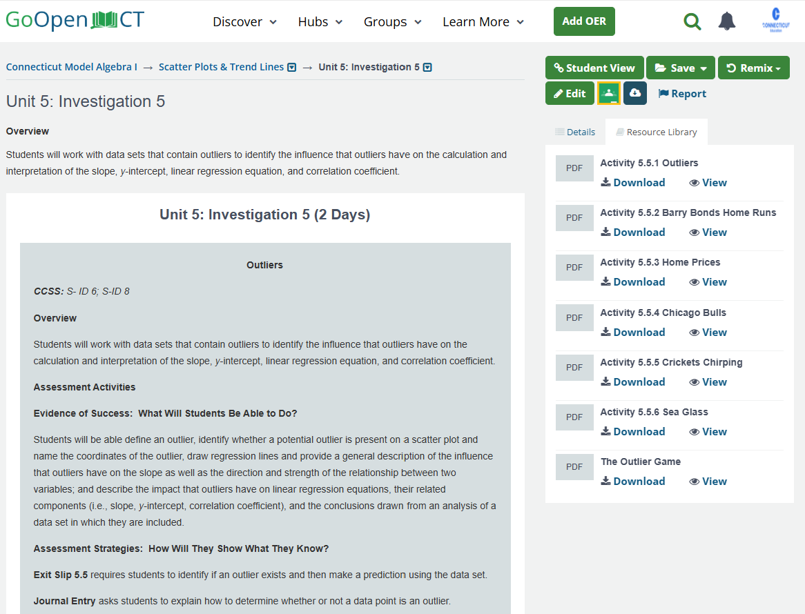 Connecticut Model Algebra I, Scatter Plots & Trend Lines, Unit 5: Investigation 5 | GoOpen CT