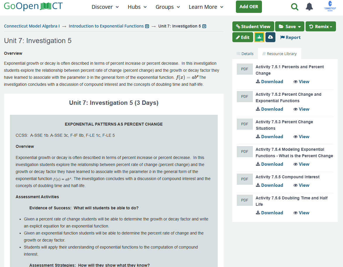 Connecticut Model Algebra I, Introduction to Exponential Functions, Unit 7: Investigation 5 ...