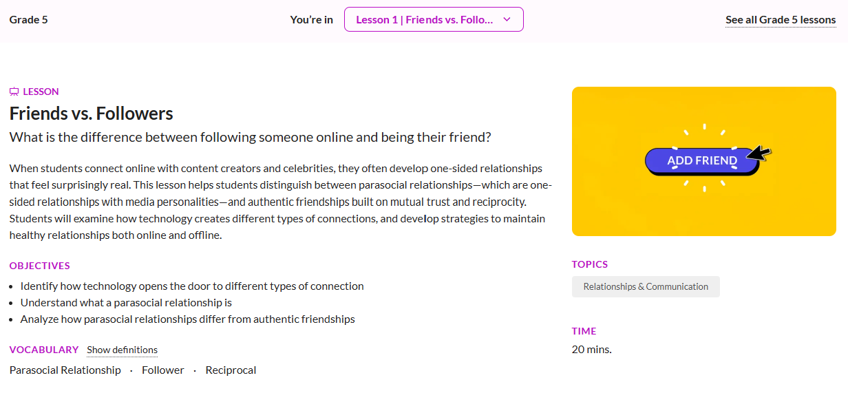 Connecticut Model Digital Literacy & Well-Being for Grade 5, Friends vs ...