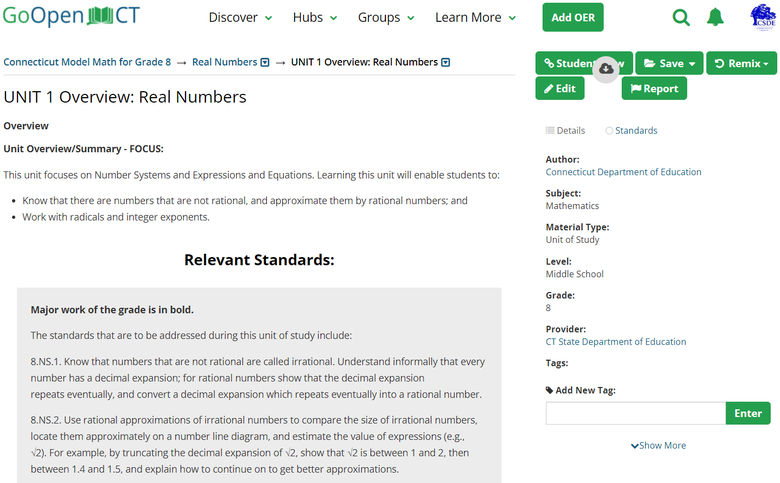 Connecticut Model Math for Grade 8, Real Numbers, UNIT 1 Overview: Real ...